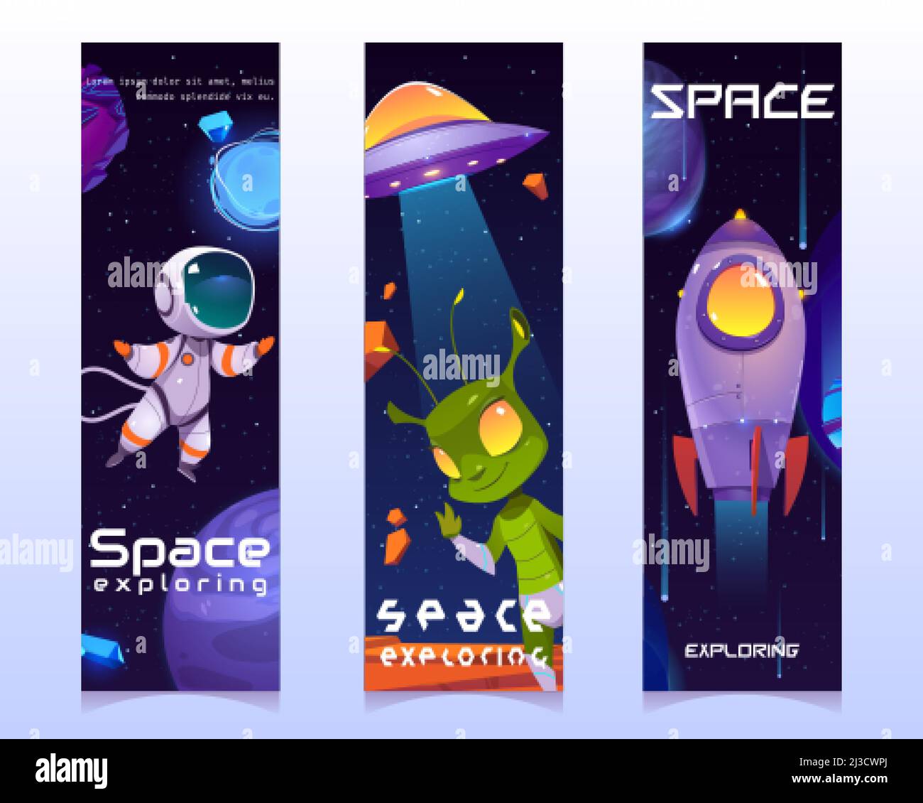 Space exploring cartoon vertical banners, cute friendly alien, ufo ...