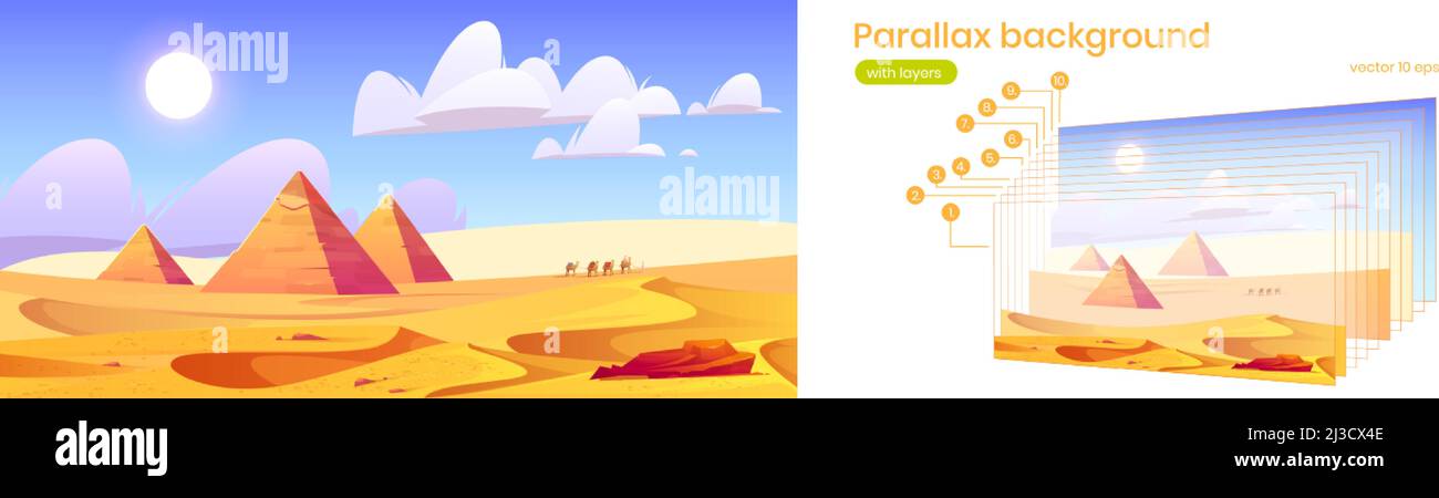 Desert landscape with Egyptian pyramids and camels on sand dunes ...