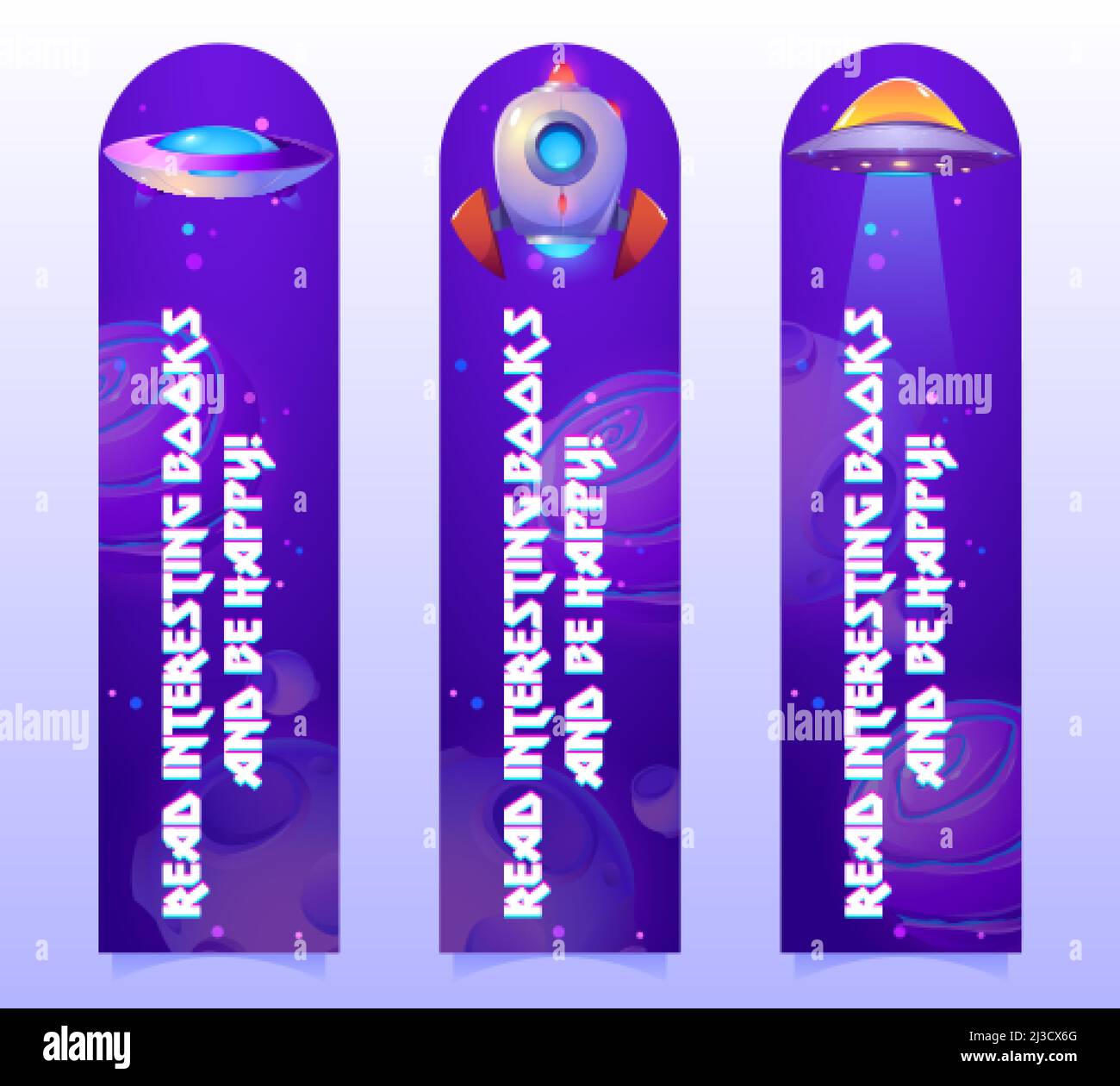 Space bookmarks with spaceships on cosmos background. Vector vertical ...