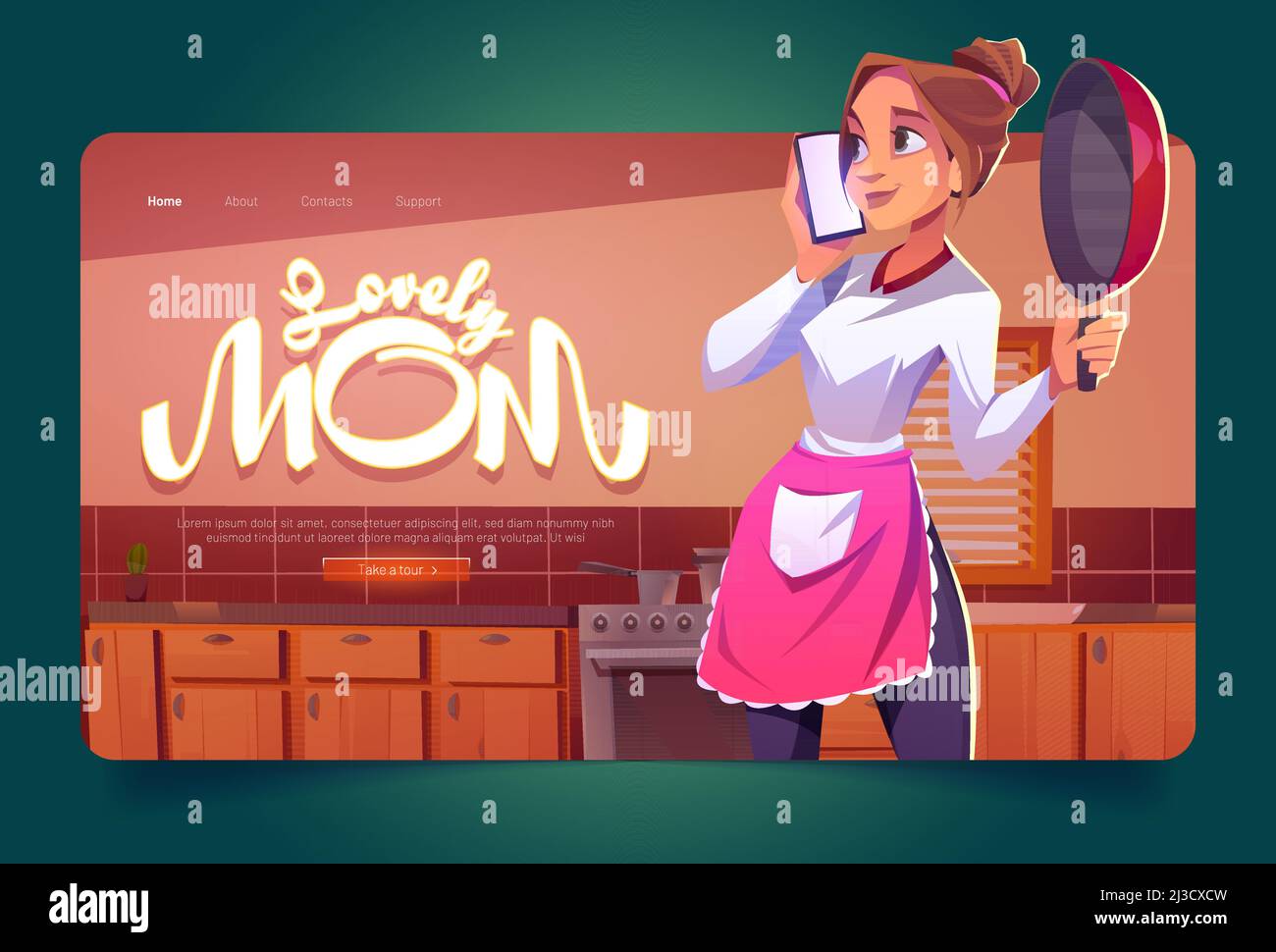 Lovely mom banner with woman in apron talking on mobile phone on ...