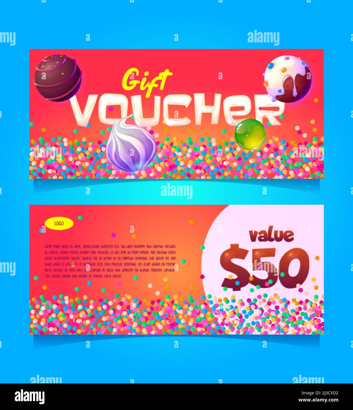Gift voucher template with sweets and value. Vector coupon for sweet ...