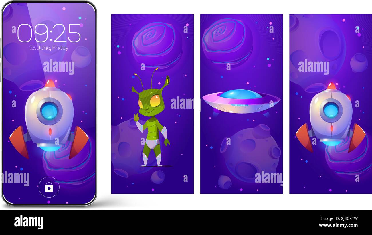 Smartphone lock screens with cartoon alien, rocket and ufo saucer in ...