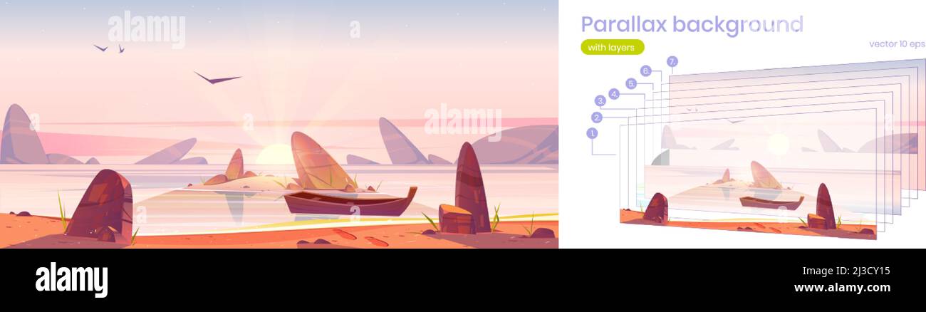 Parallax background, sunrise in ocean 2d nature landscape. Separated ...