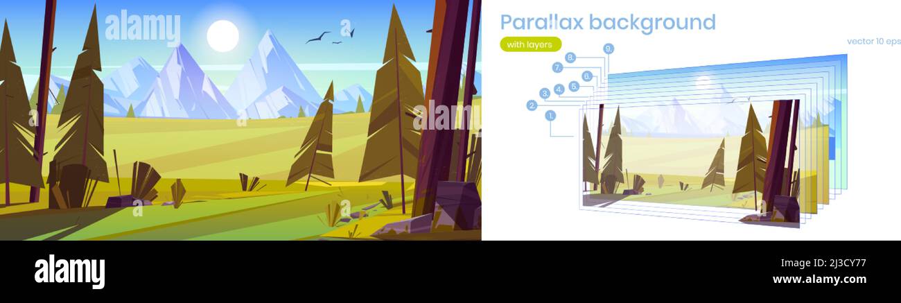 Summer landscape of mountains and coniferous forest at morning. Vector ...