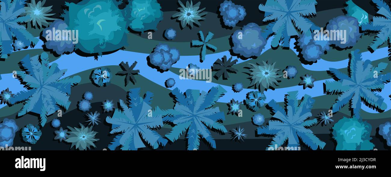 Night tropic plant landscape top view. Wild palm trees and bushes. Dark ...