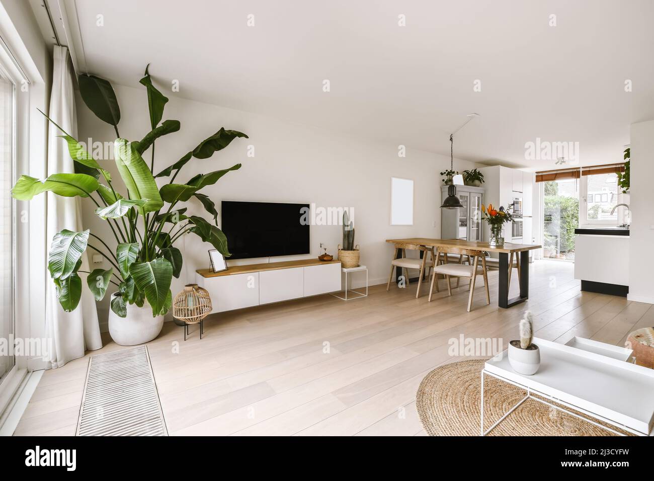 Interior of modern lounge room with white walls and wooden floor ...