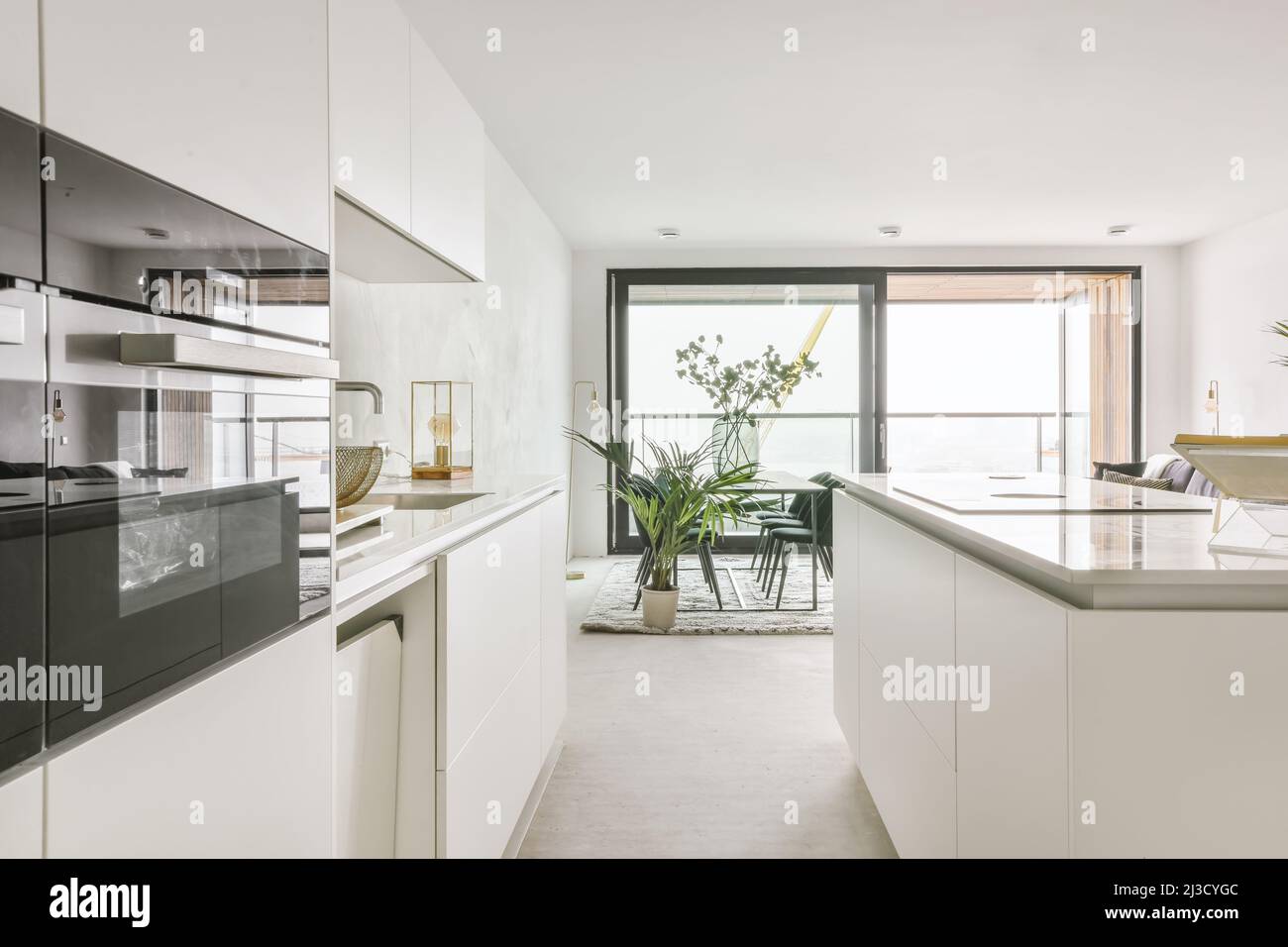 Contemporary ovens with shiny surface built in cupboards in kitchen in ...