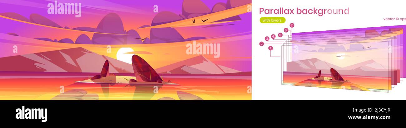 Sea landscape with small island in water and mountains at sunset ...