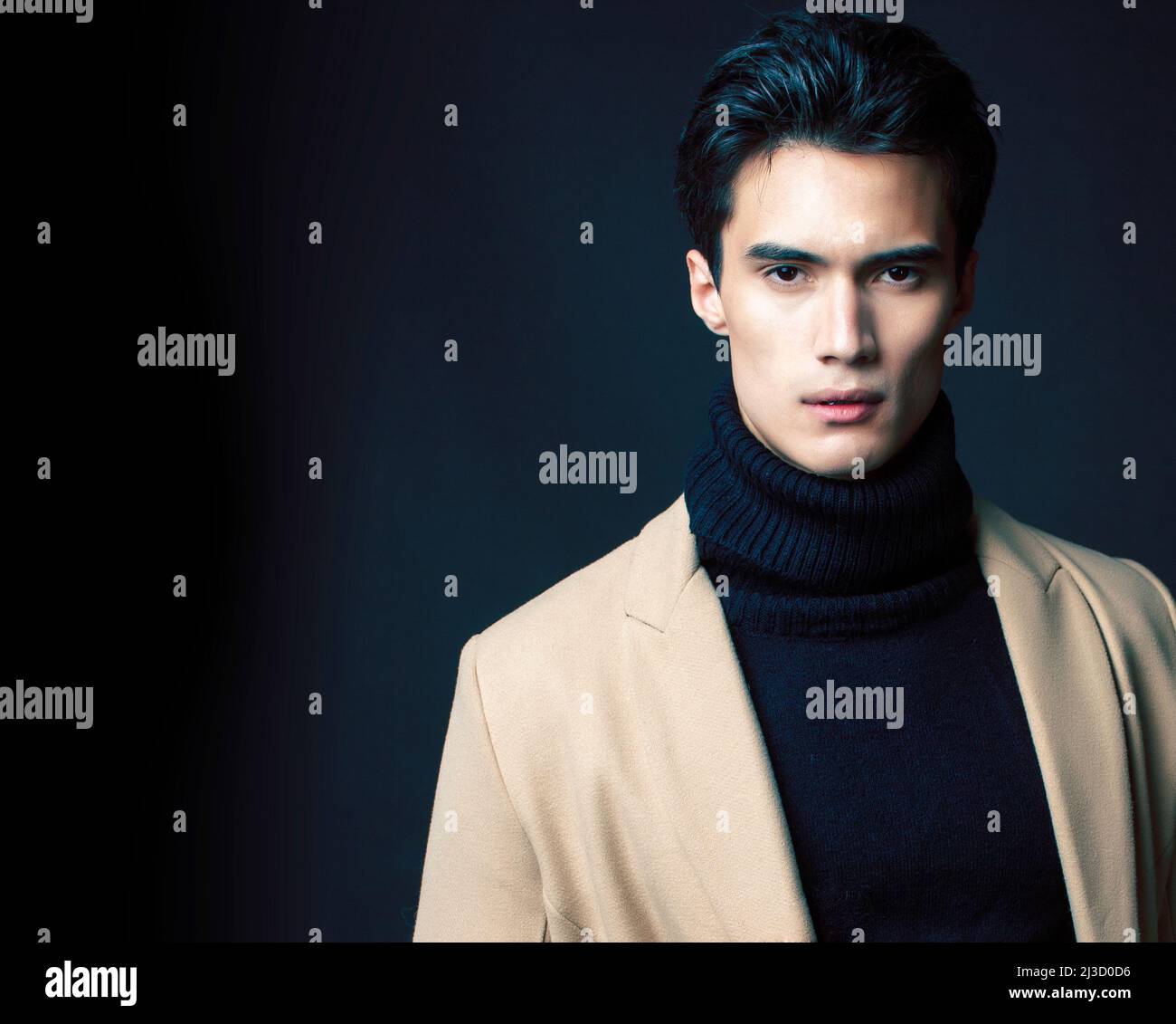 handsome asian fashion looking man posing in studio on black background ...