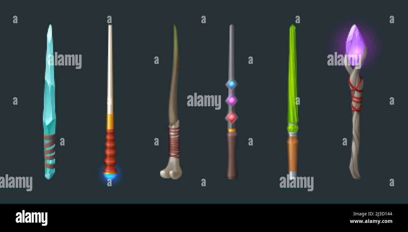 Magic wands, wooden sticks with crystals for magical tricks and spell ...