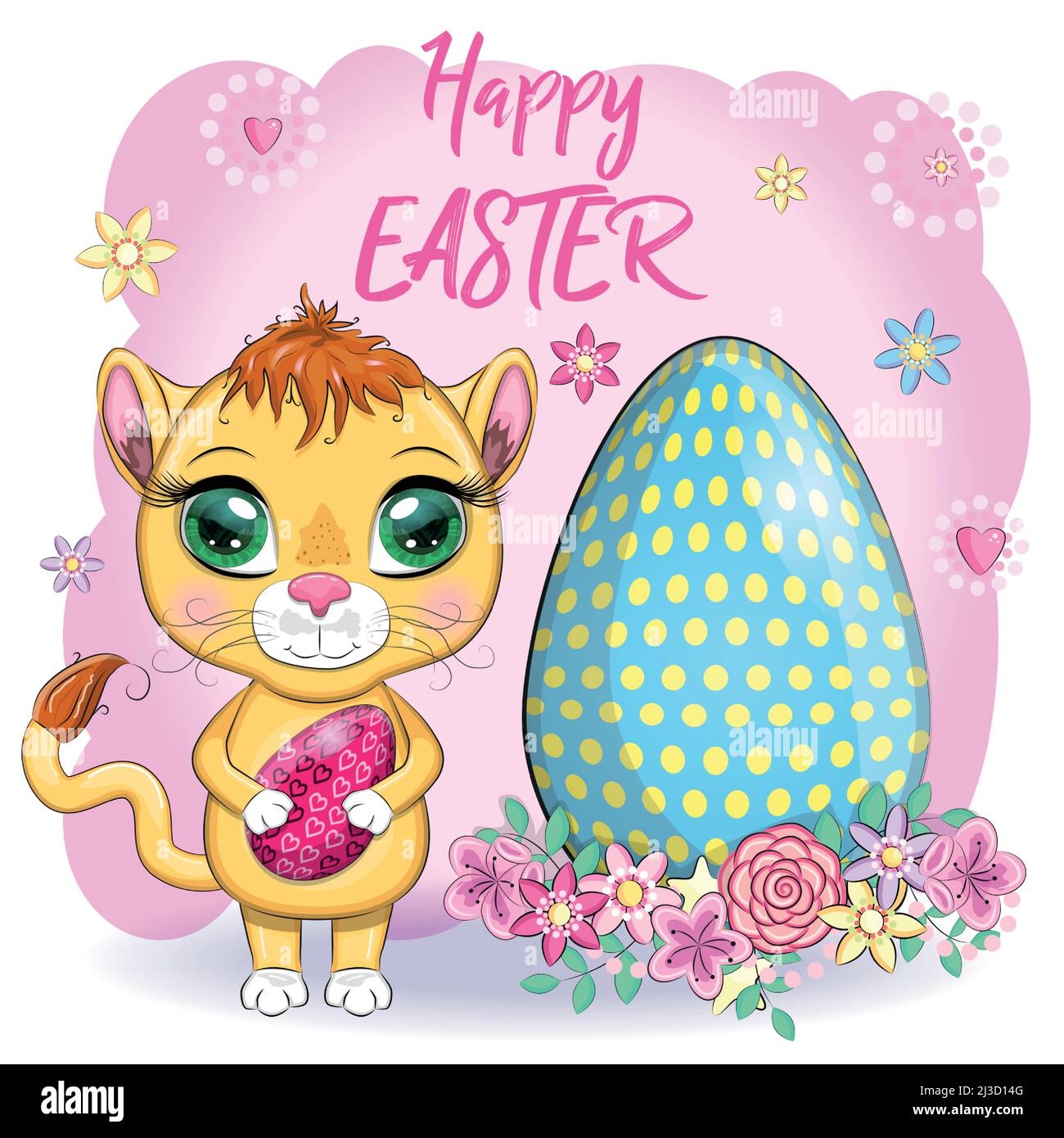 Cartoon lion with Easter egg. Character with beautiful eyes, childish ...
