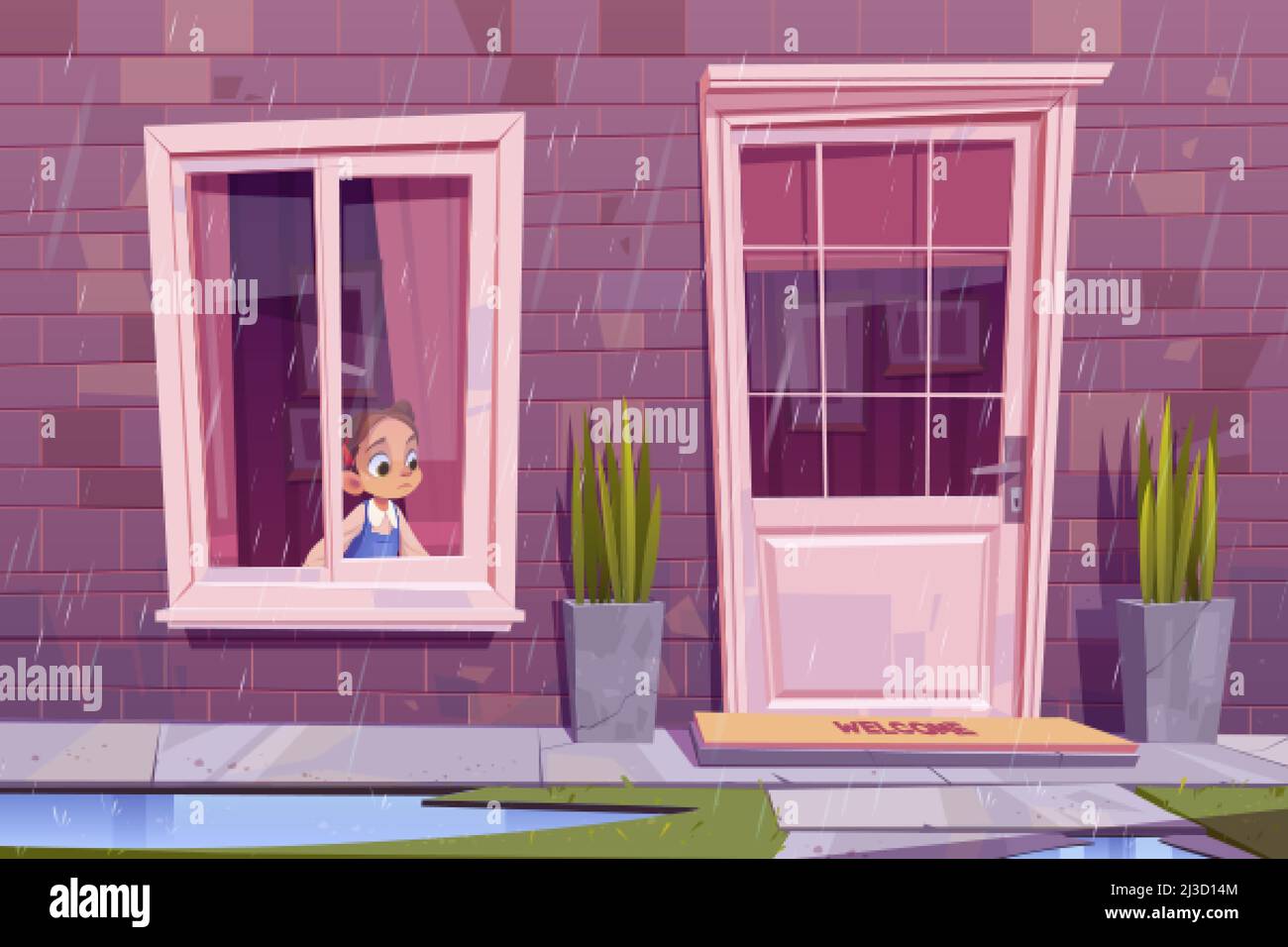 Sad little girl sitting at house window looking on street at rainy ...