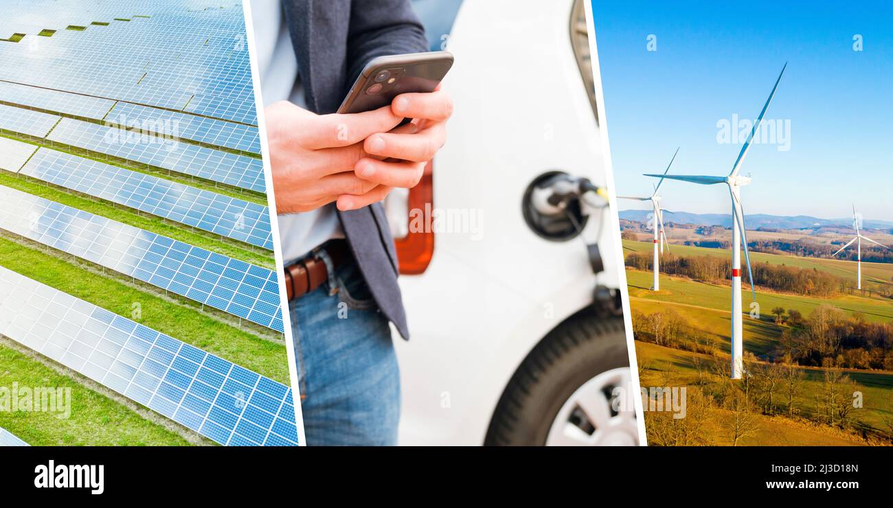 Renewable energy concept with wind mills, solar panel and electric car ...