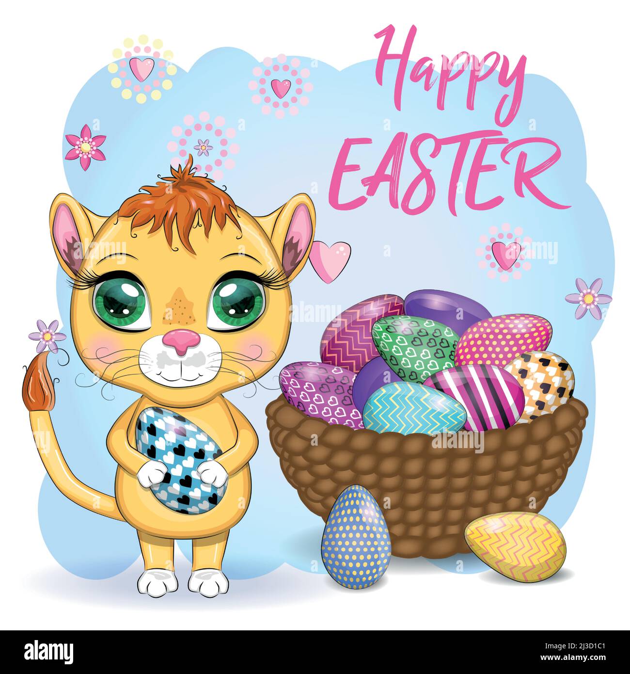 Cartoon lion with Easter egg. Character with beautiful eyes, childish ...