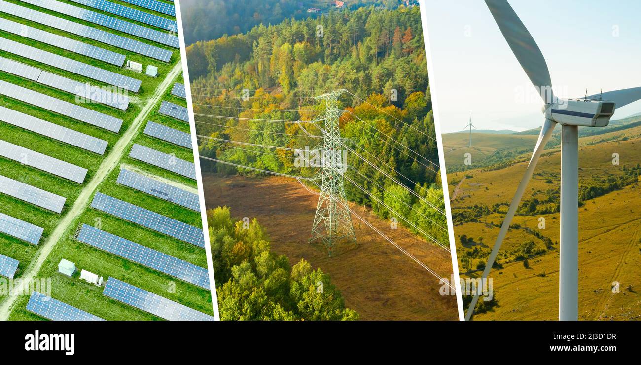 Renewable green energy collage with solar panel, windmill and pylon ...