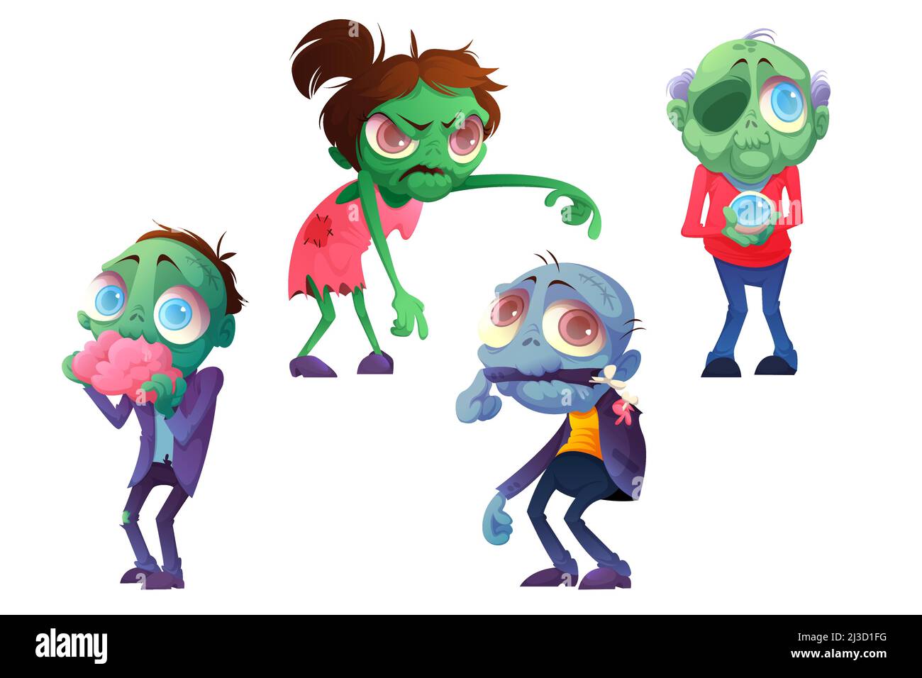 Cartoon zombie halloween characters, funny horror mascots eating brain ...