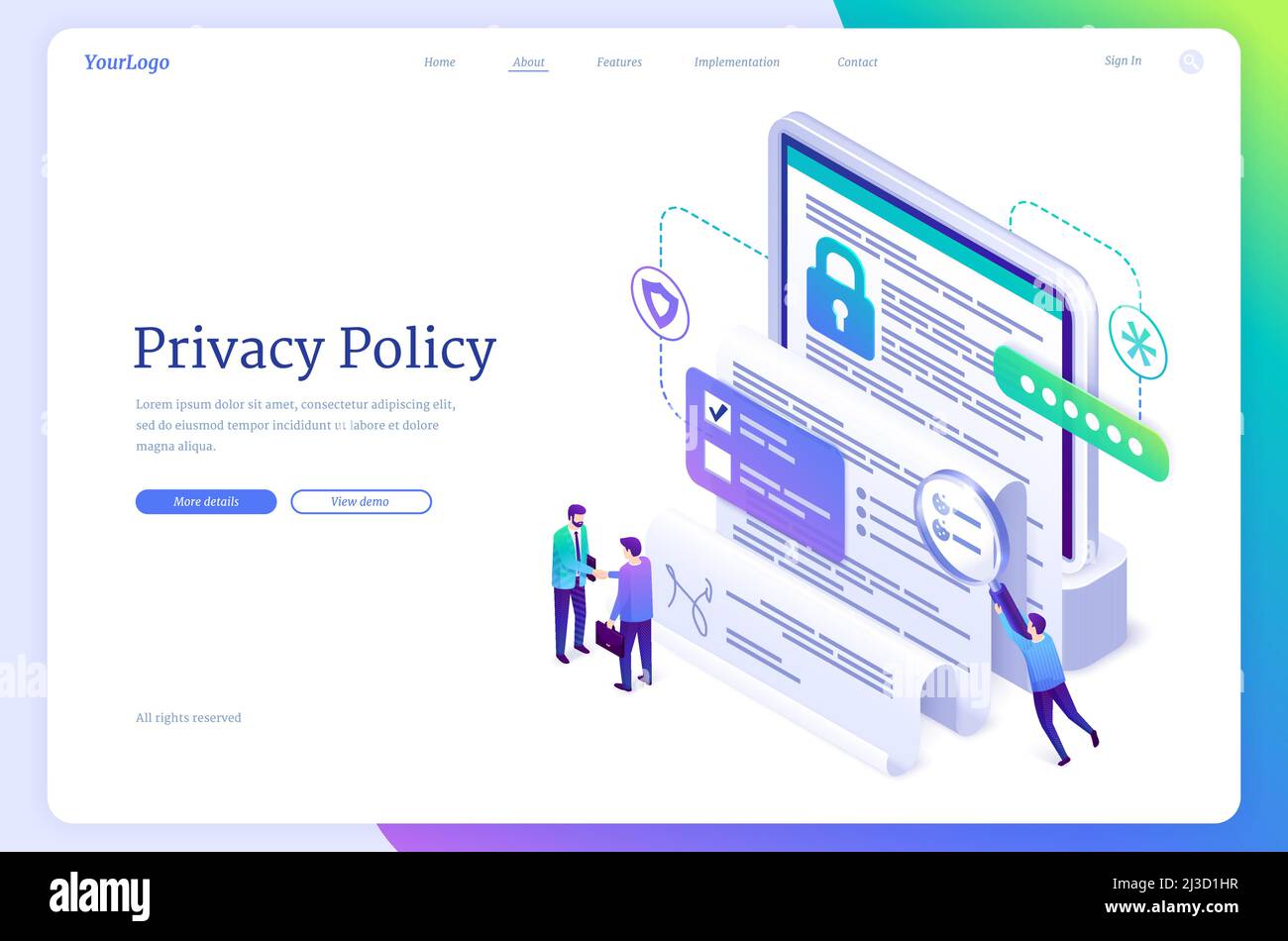 Privacy policy isometric landing page, data protection, digital ...