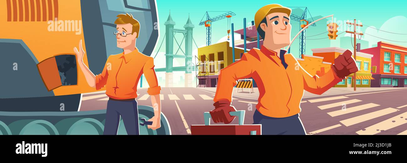 City street with builders, machinery and construction site with tower ...