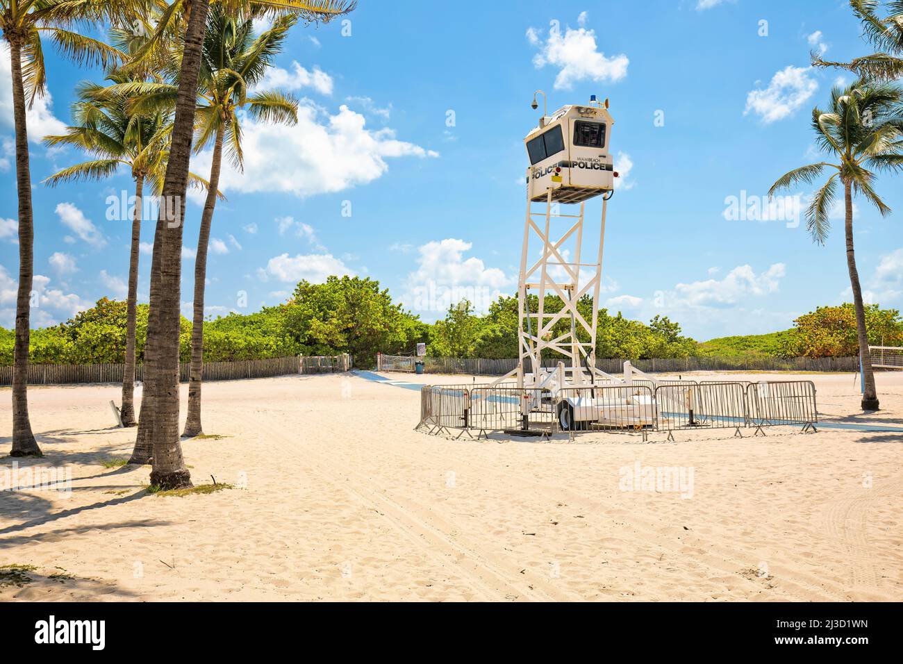 Miami Beach police watch tower on sand beach, Florida state in the USA ...
