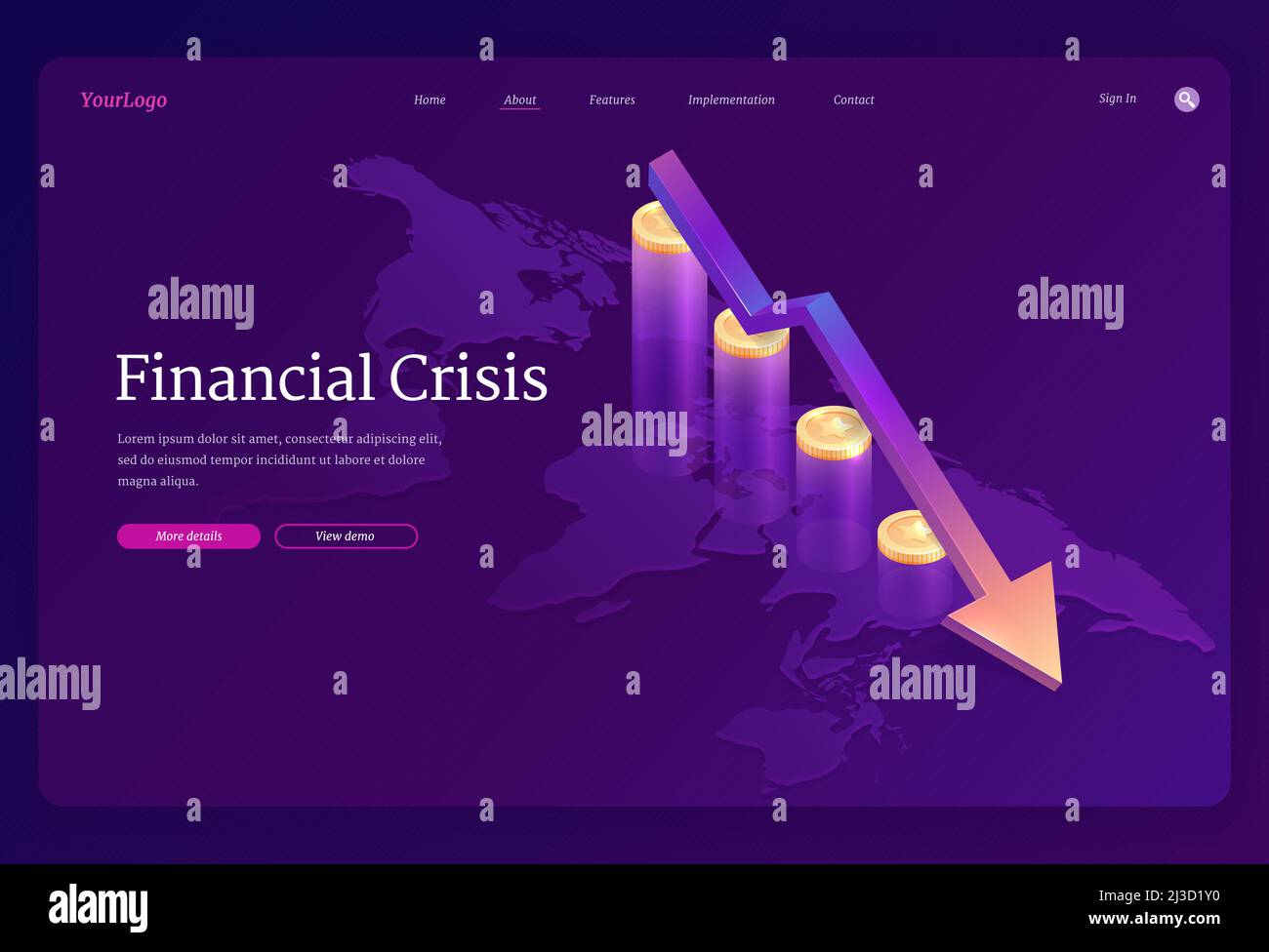 Financial crisis isometric landing page. Decline arrow chart at coins ...