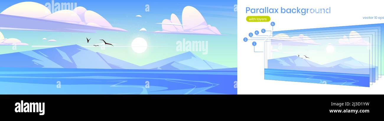 Northern landscape with sea and mountains on horizon. Vector parallax ...