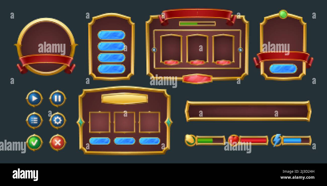 Set of game frames, bars and menu buttons cartoon interface elements. Empty borders with banners ...