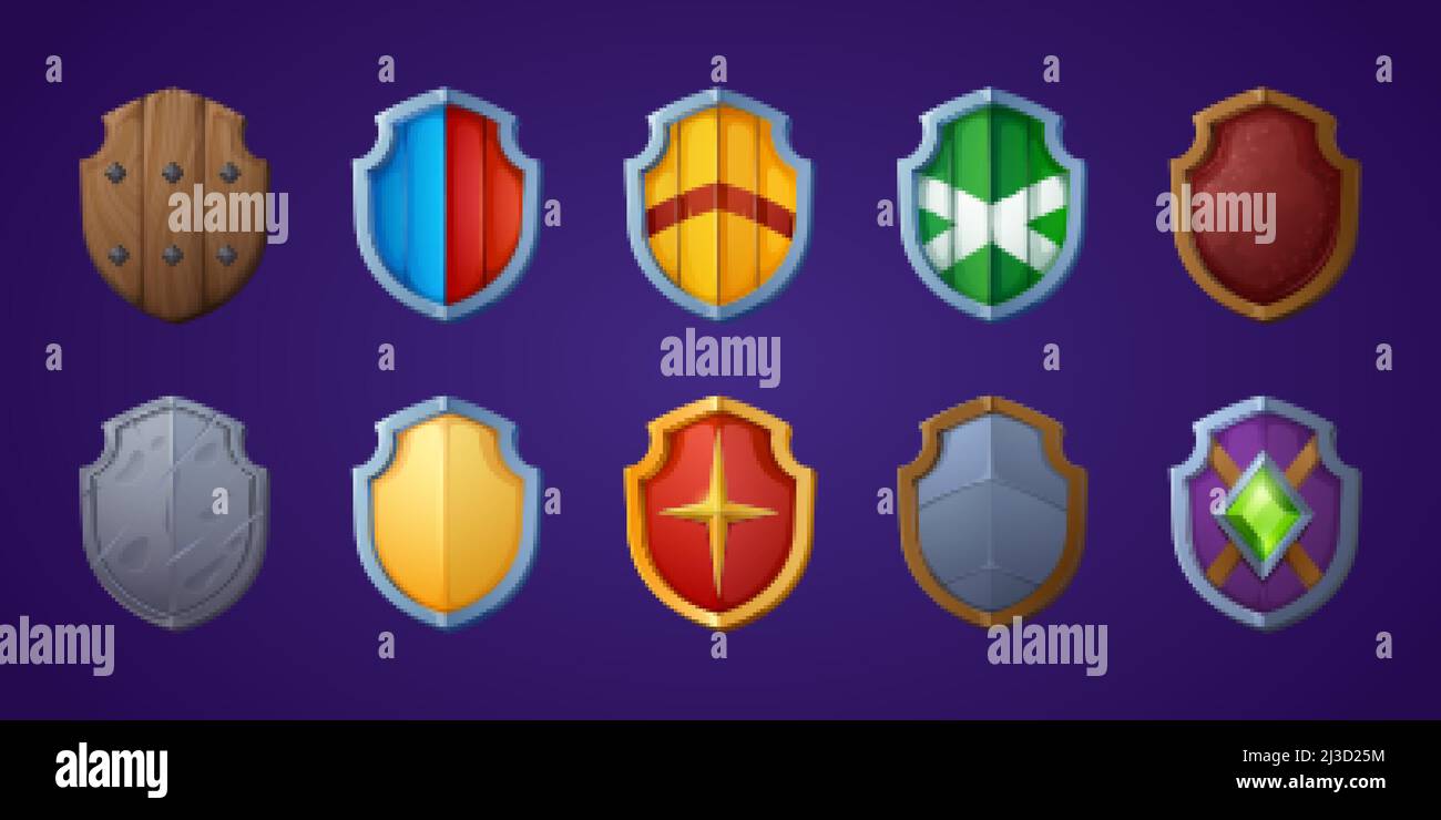 Set of game shields, cartoon fantasy medieval armor of metal and wood ...