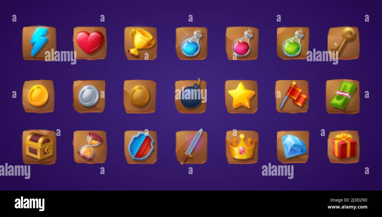 Set of game icons or buttons. Cartoon 3d ui shield, sword, flash and ...