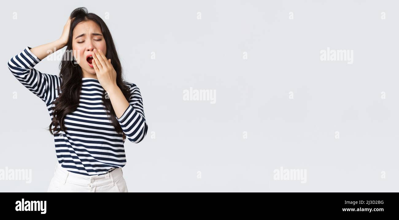 Lifestyle, people emotions and casual concept. Sleepy tired woman ...