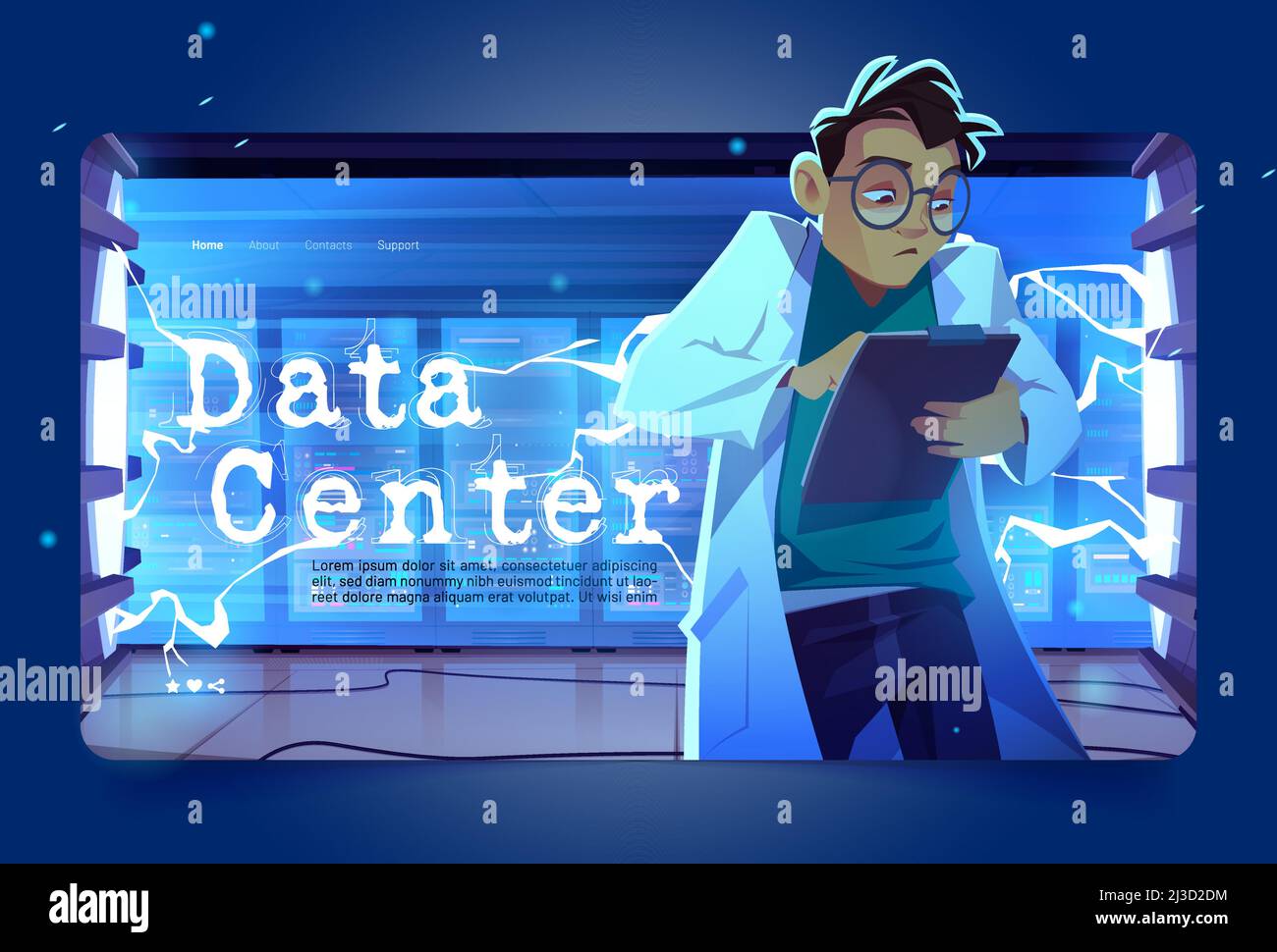 Data center cartoon landing page, geek working in server room with ...