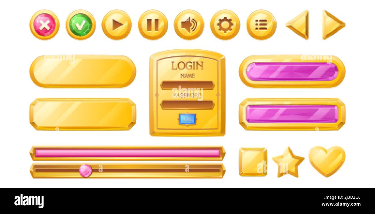 Golden buttons for user interface design in game, video player or website. Vector cartoon set of ...