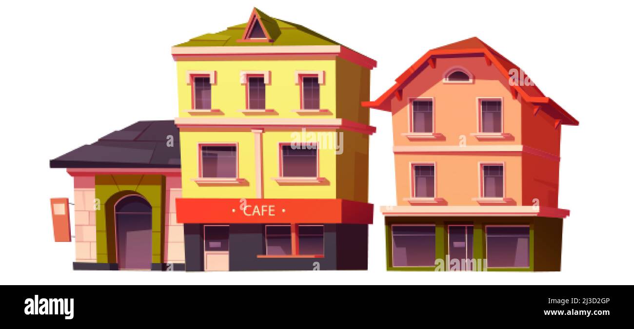 Retro buildings, town or city vintage house architecture with cafe and ...