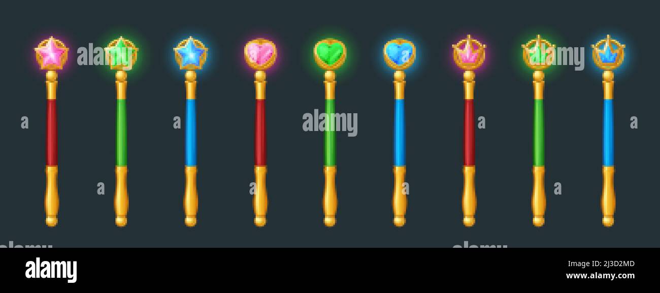 Magic wands, golden sticks with crystals in shape of star, heart and ...