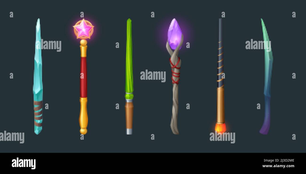 Set of magic wands, wizard or witch sticks with glowing gems, frozen ...