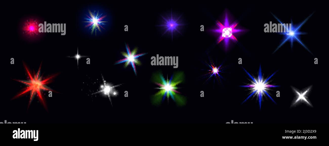 Color shine effects, flash lights with sparkles and glow rays isolated ...