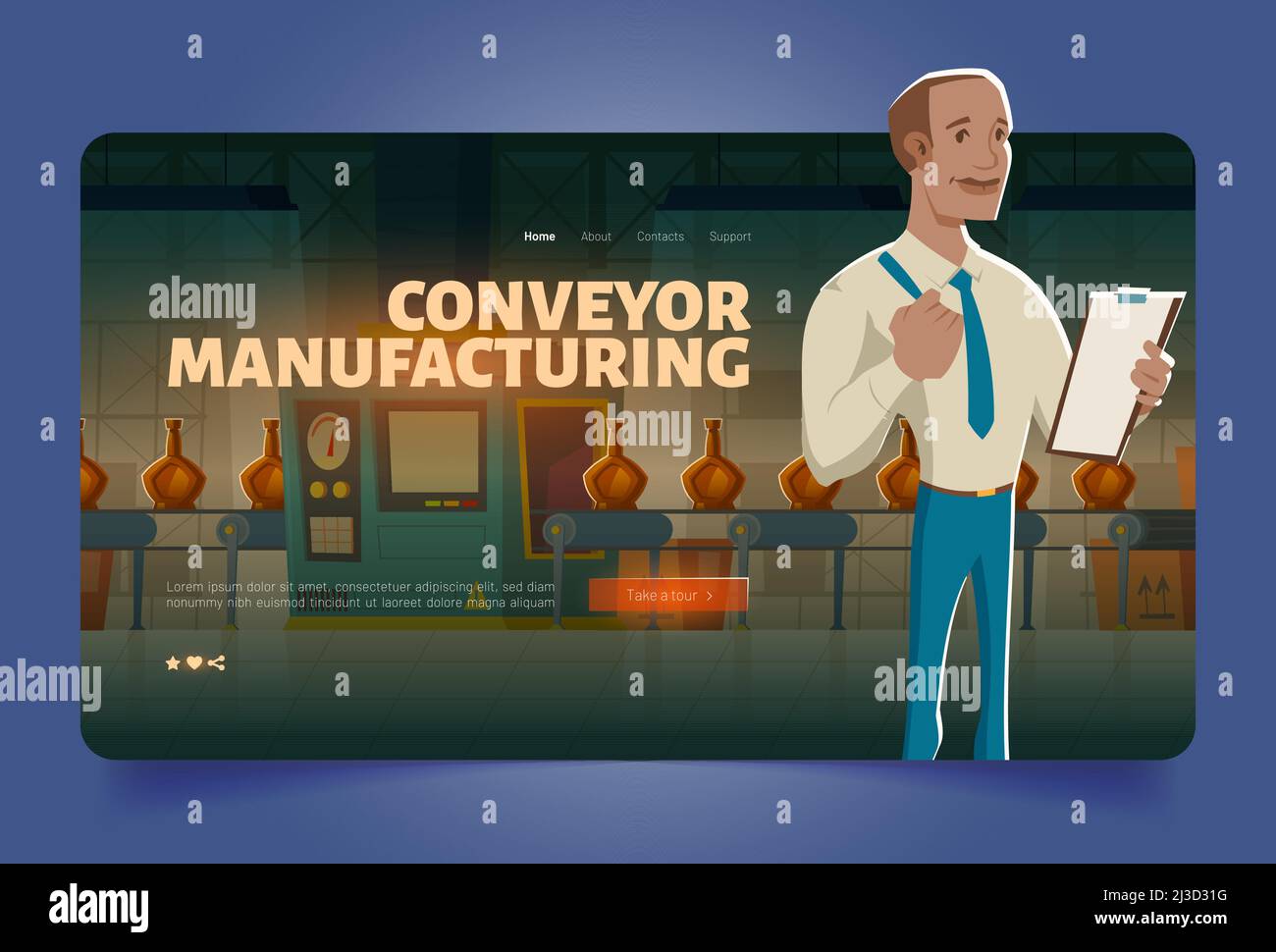 Conveyor manufacturing banner with automatic belt at factory and worker ...