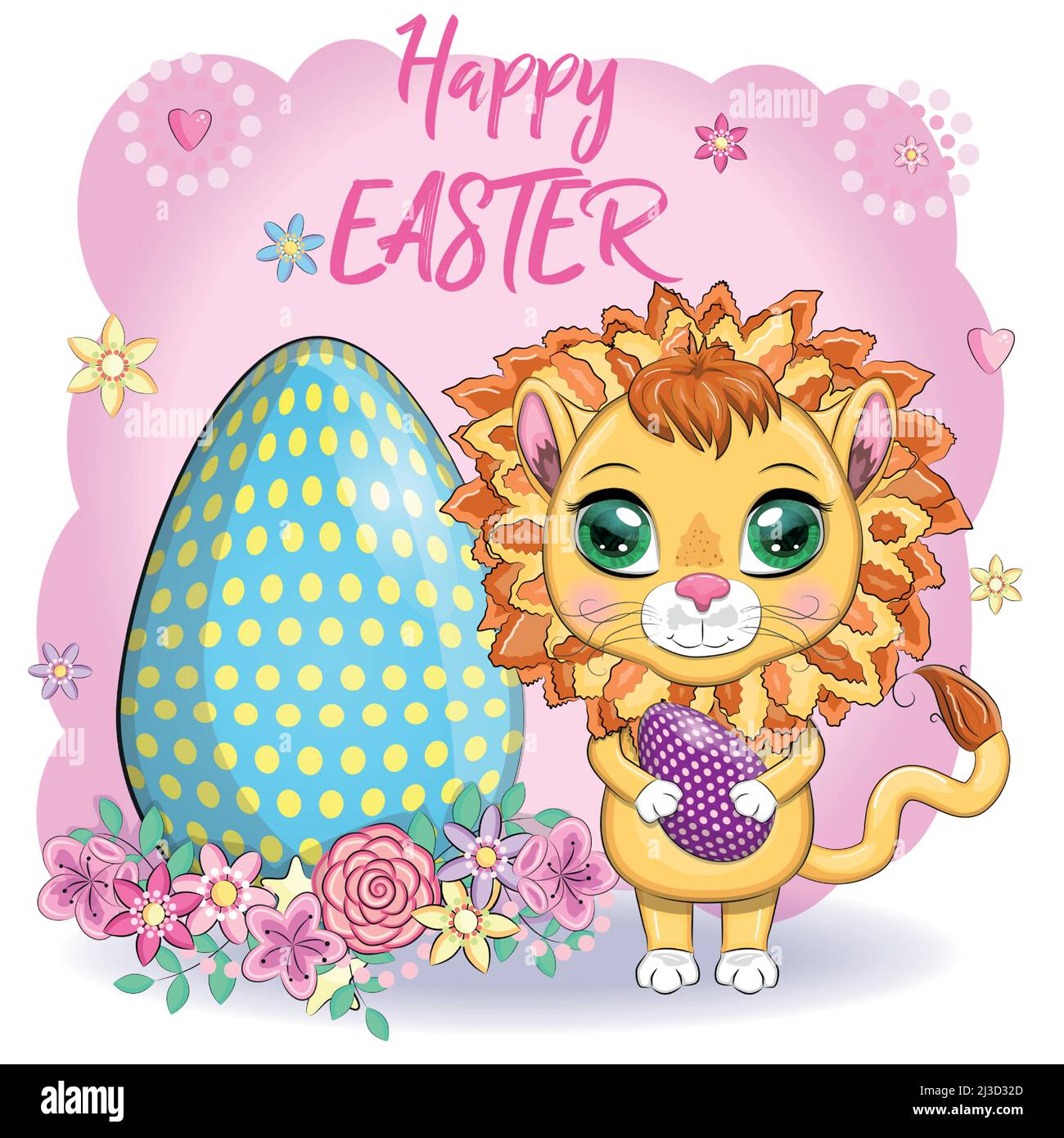 Cartoon lion with Easter egg. Character with beautiful eyes, childish ...