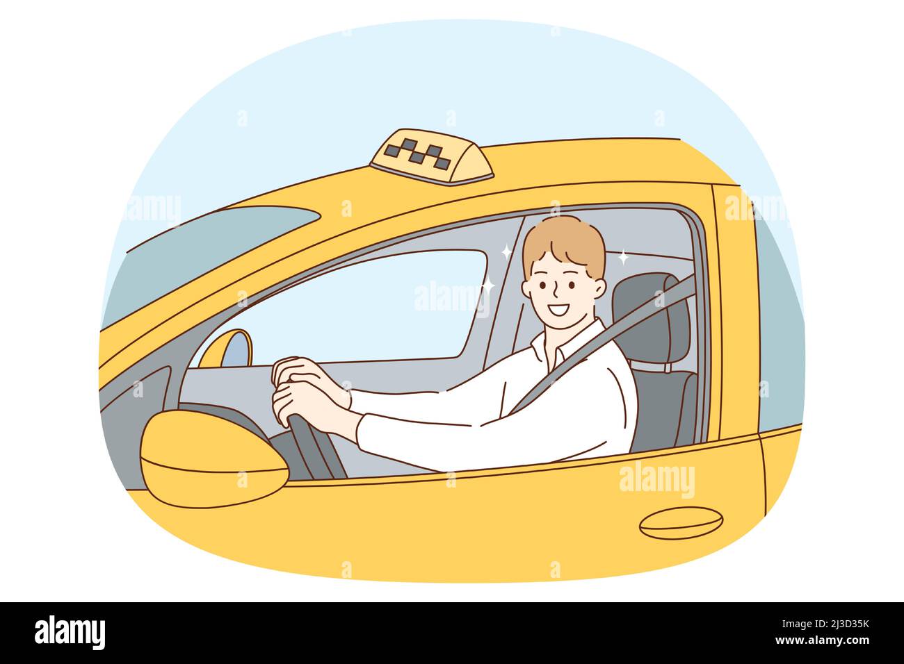 Working as taxi driver concept. Young smiling man driver sitting and ...
