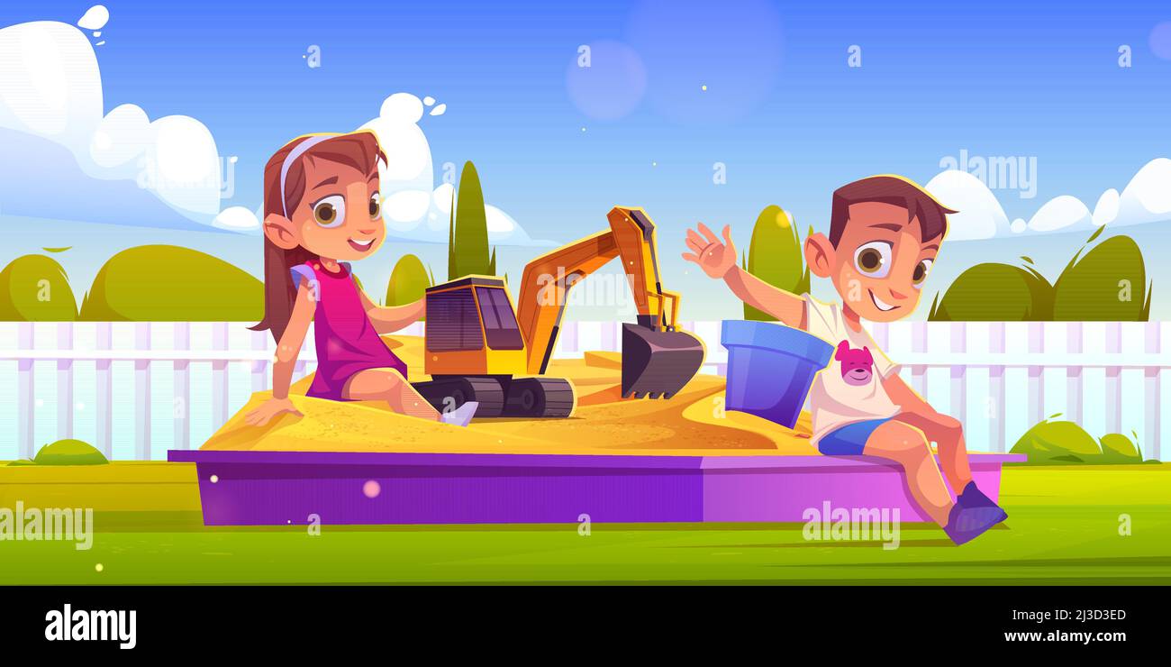 Children playing in sand box, little boy and girl sitting in sandbox ...