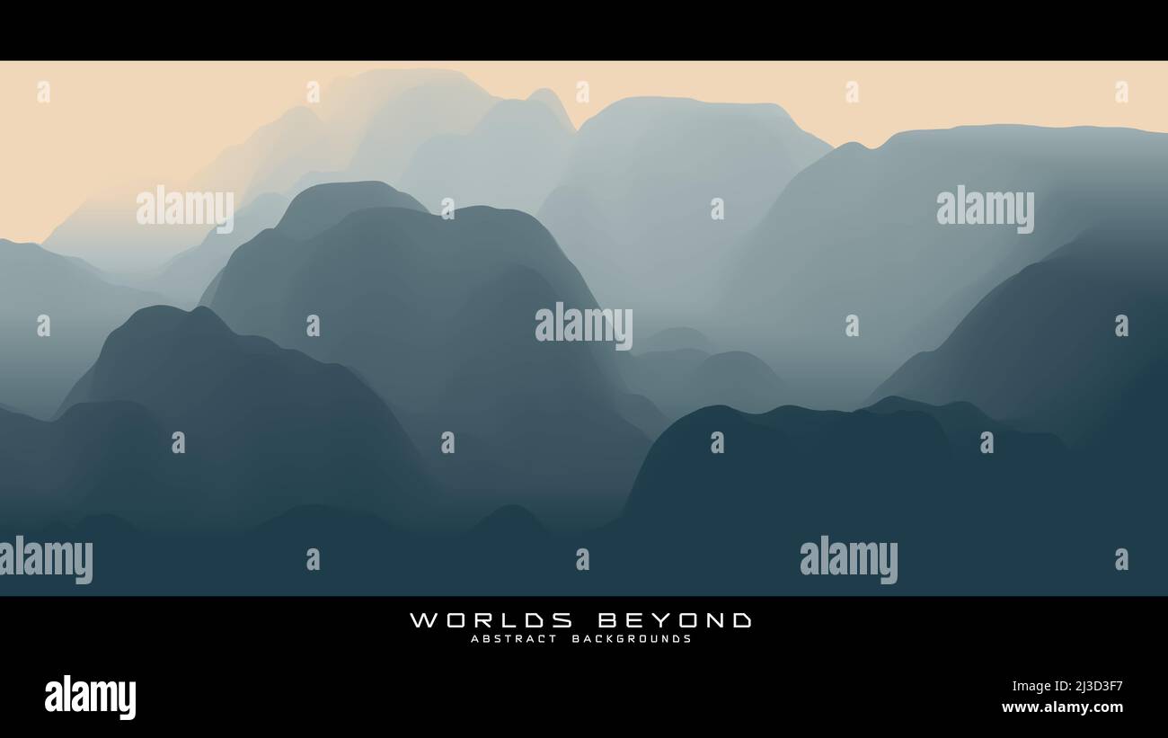 Abstract gray landscape with misty fog till horizon over mountain ...