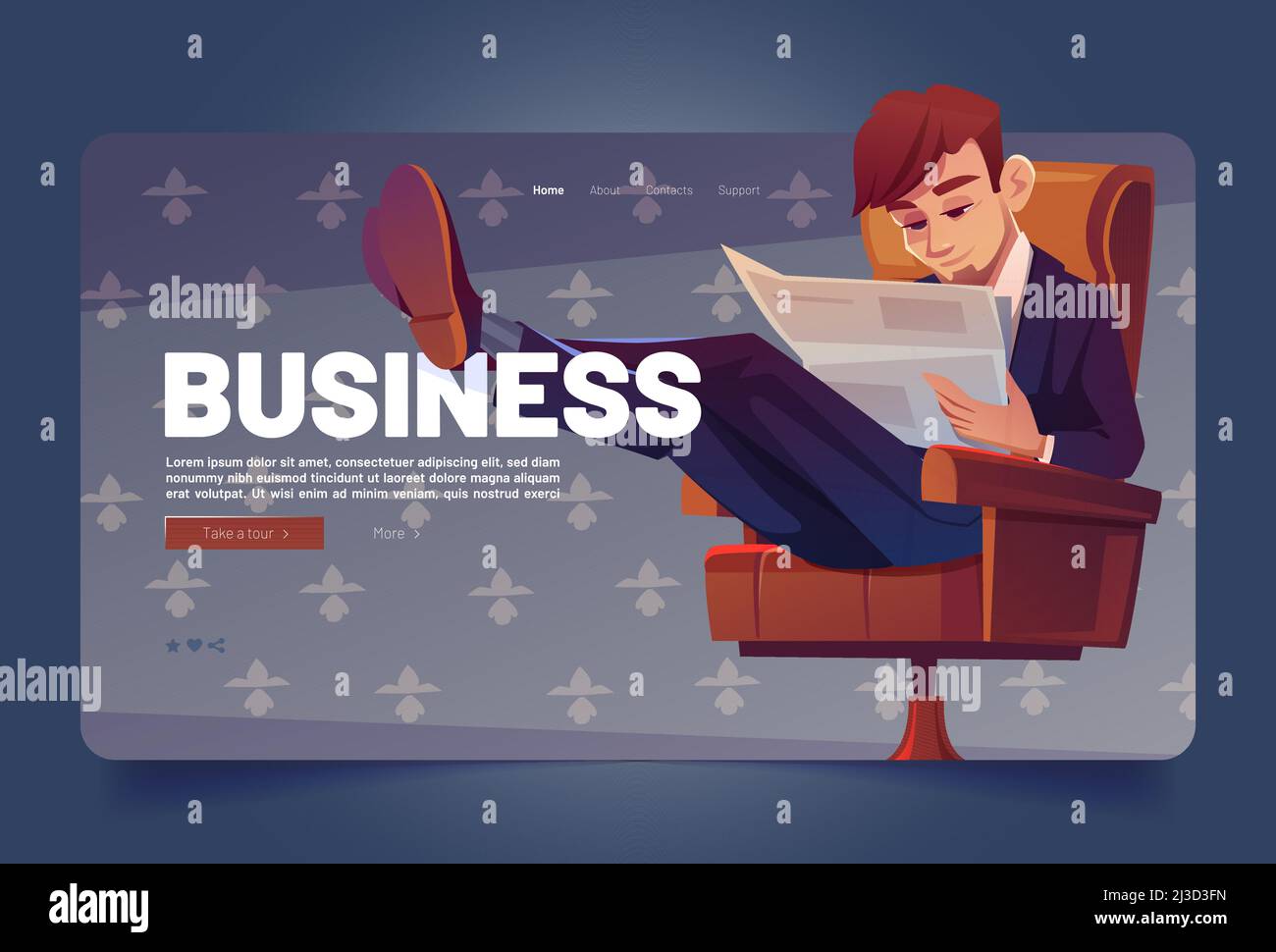 Business man read newspaper cartoon landing page. Businessman sitting ...