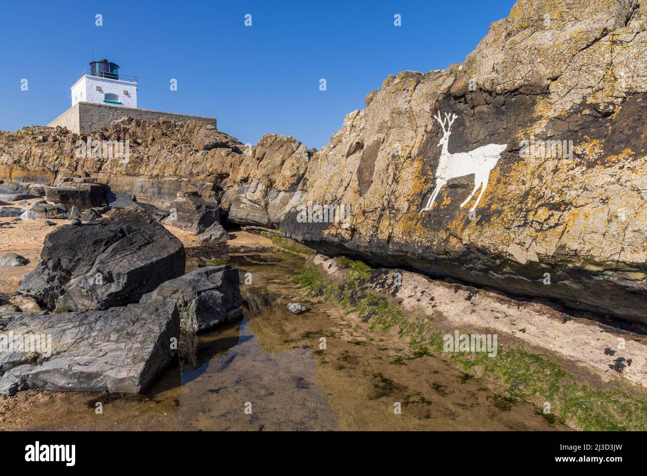 Stag Rock and the Harkess Lighthouse on Bamburgh Beach, Northumberland ...