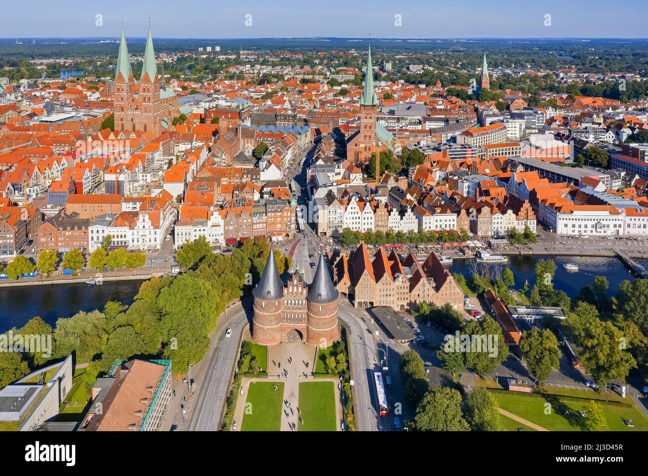 Aerial view over the Holsten Gate / Holstentor, St. Mary's and St ...