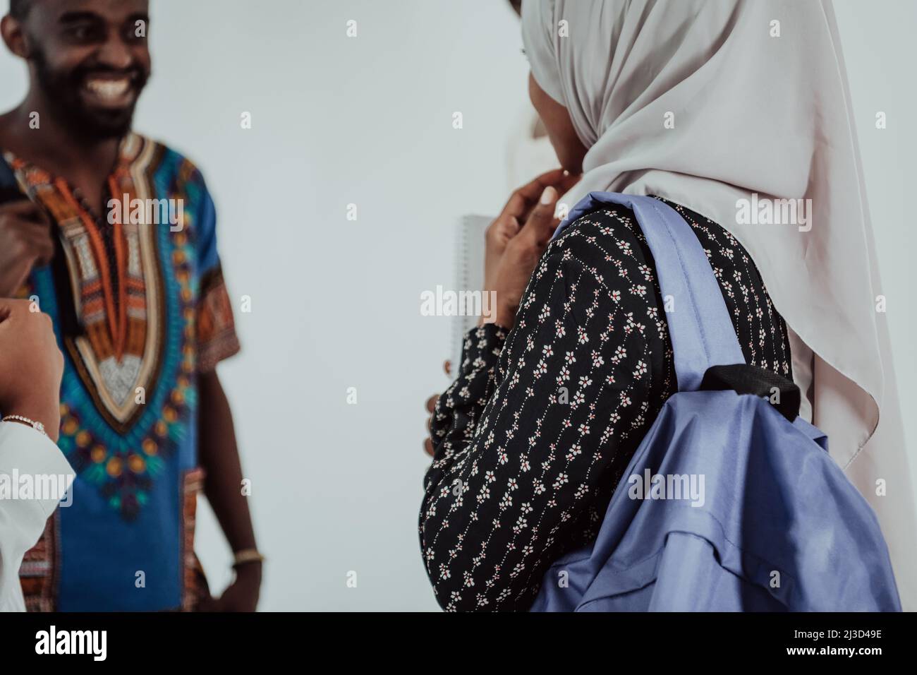 Group of happy african students having conversation and team meeting ...