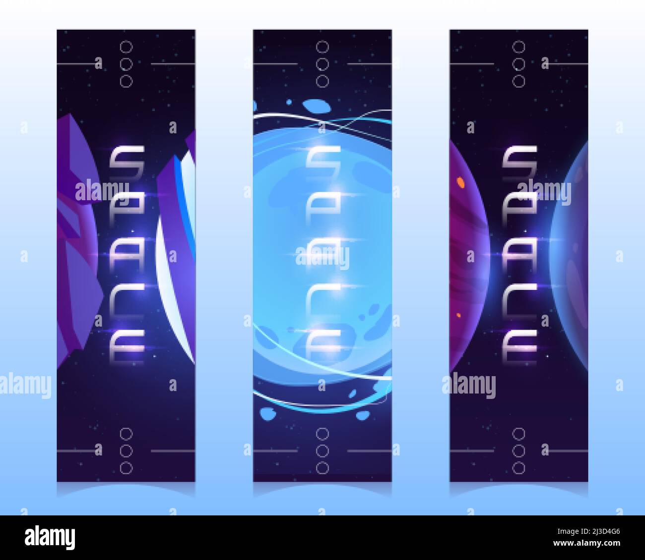 Space bookmarks with alien planets on galaxy background. Vector ...