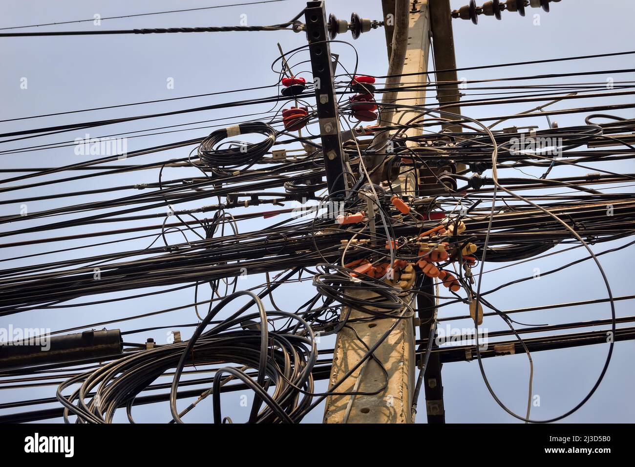 The chaos of cables and wires in any city of India as a typical part of ...