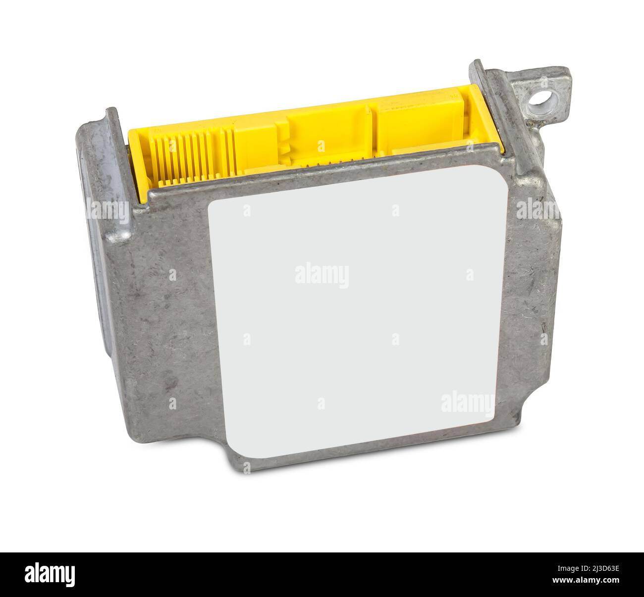 A plastic car engine control unit with metal elements on a white ...