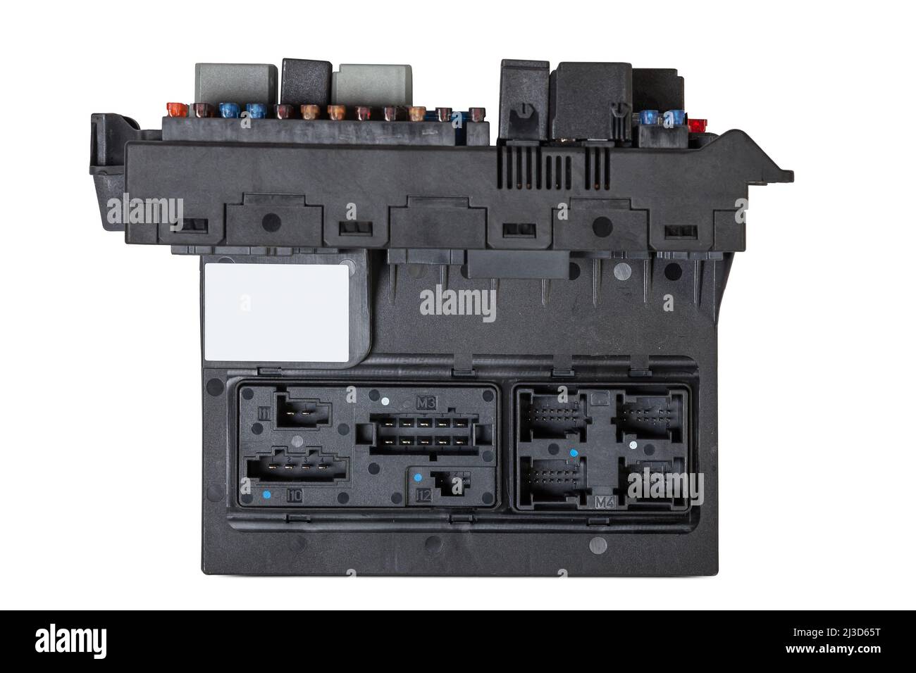 A plastic car engine control unit with metal elements on a white ...