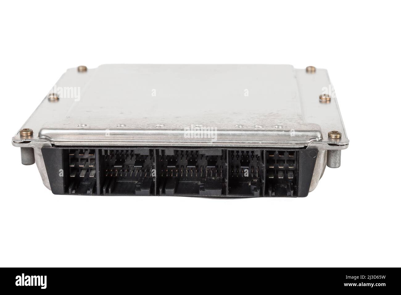 A metall car engine control unit with metal elements on a white ...