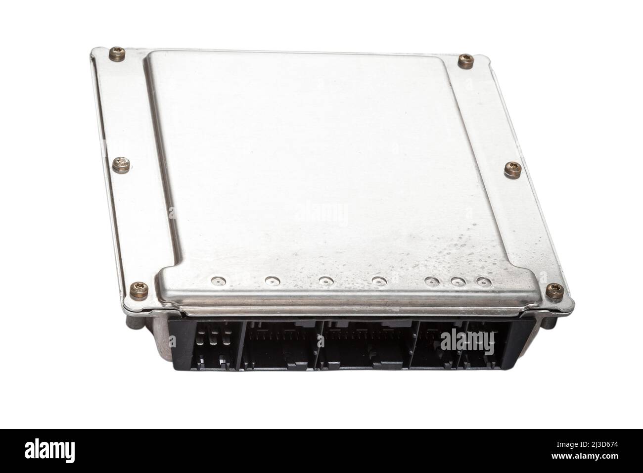 A metall car engine control unit with metal elements on a white ...